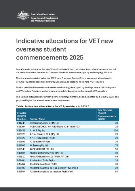 Indicative allocations for VET new overseas student commencements 2025 - Department of ...